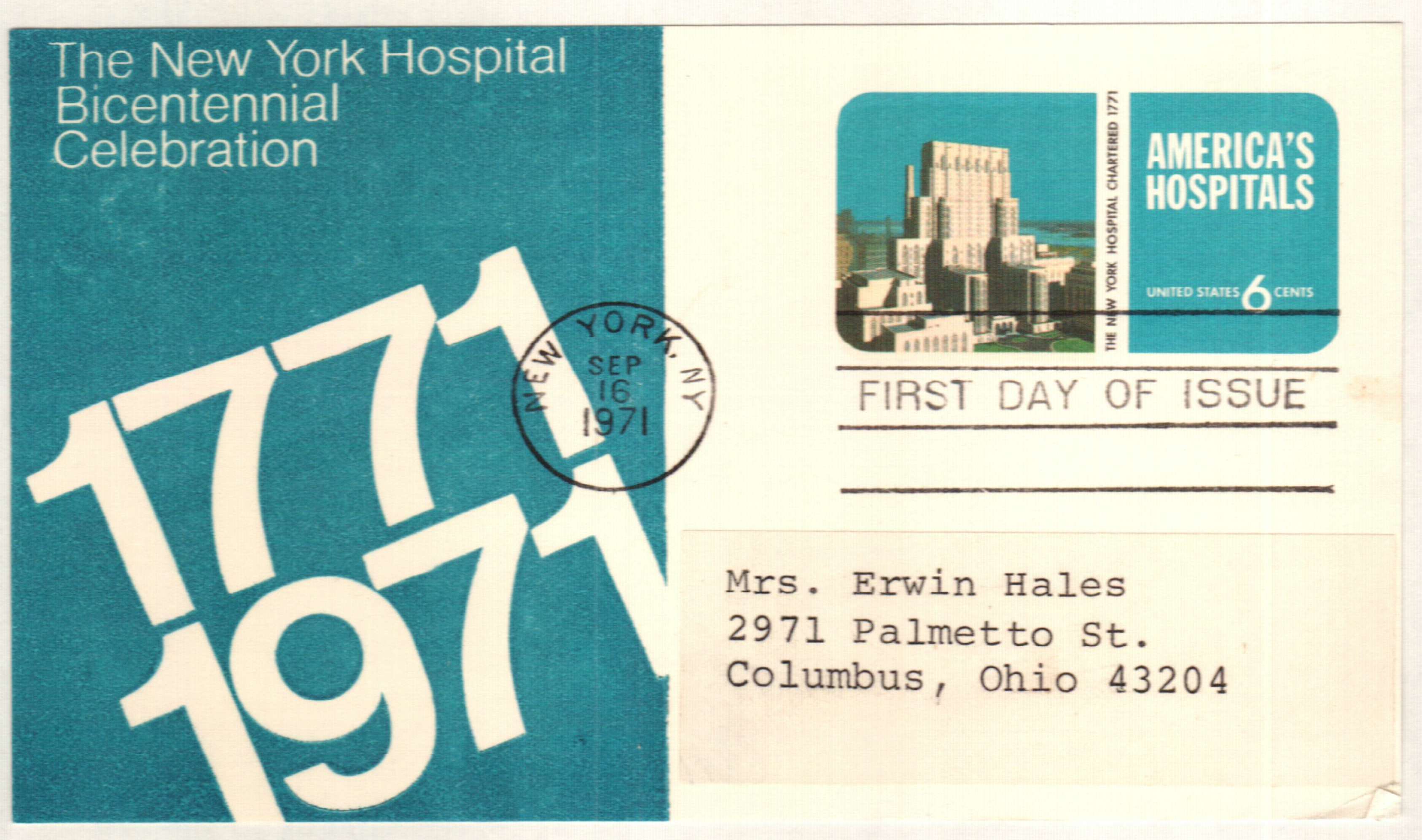 UX60 - 1971 6c Postal Card - New York Hospital - Mystic Stamp Company