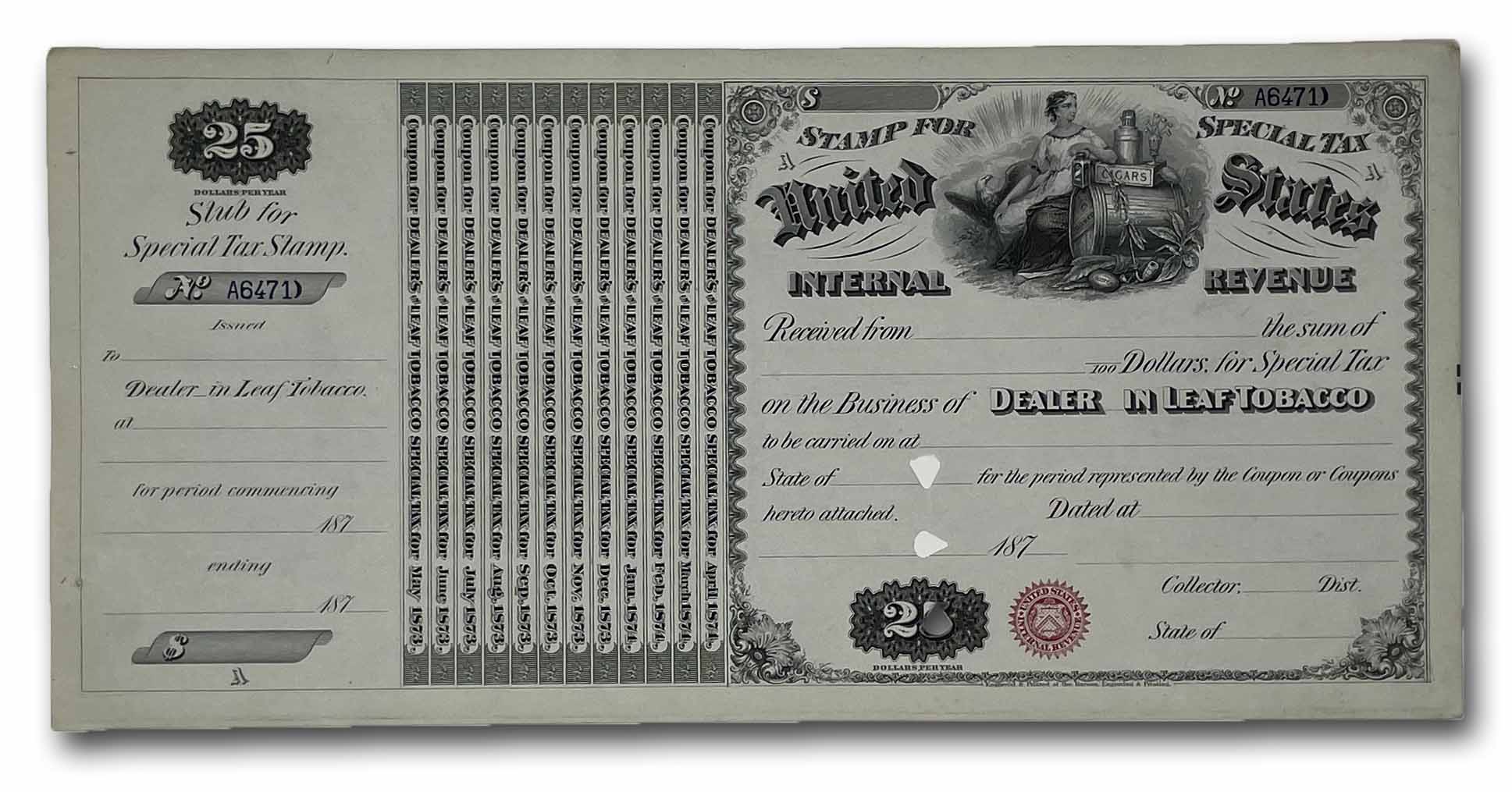 MUS056 - 1870s $25.00 Dealer in Leaf Tobacco Special Tax Stamp, White ...