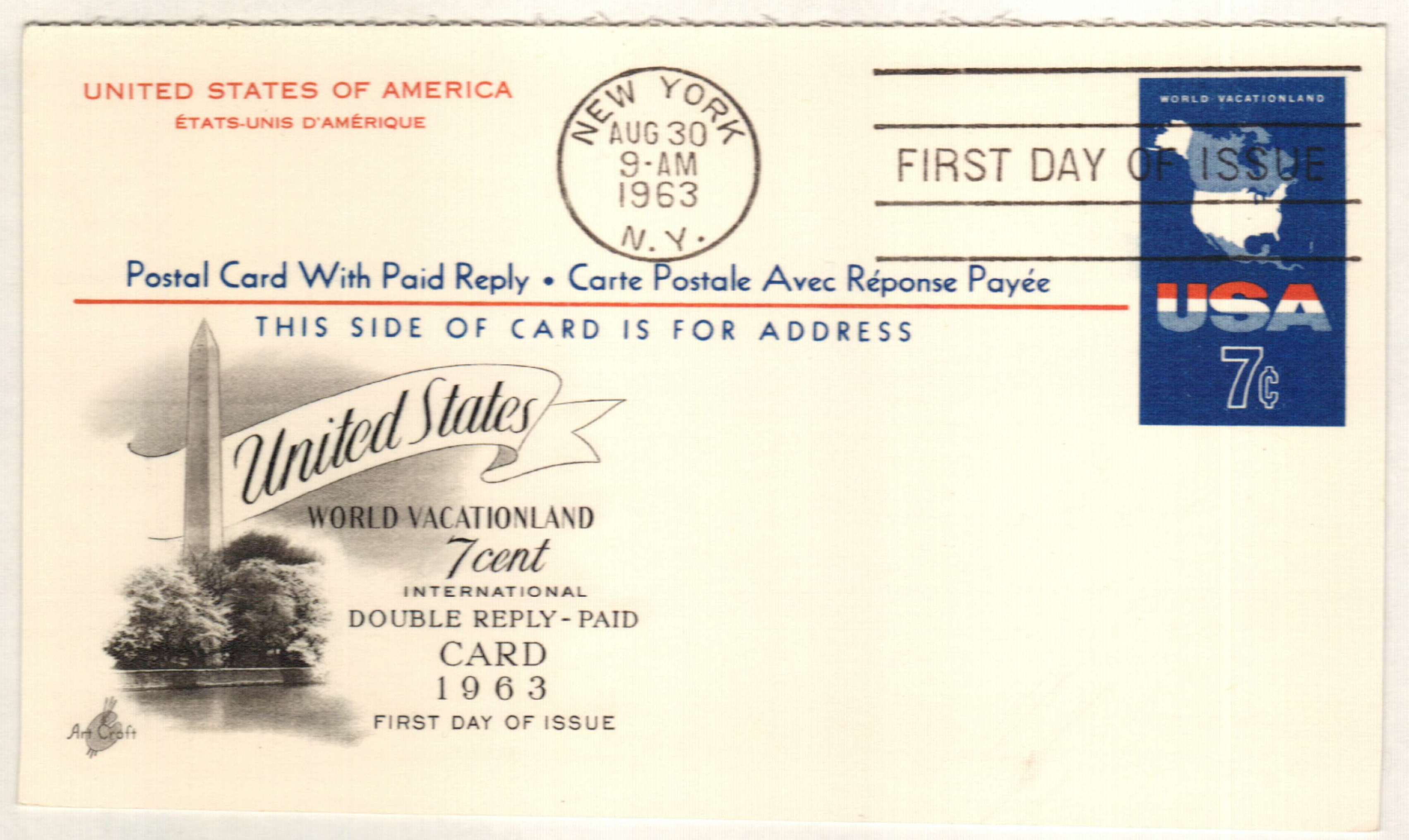 UY19 - 1963 7c Postal Card - Map World Vacationland - Mystic Stamp Company