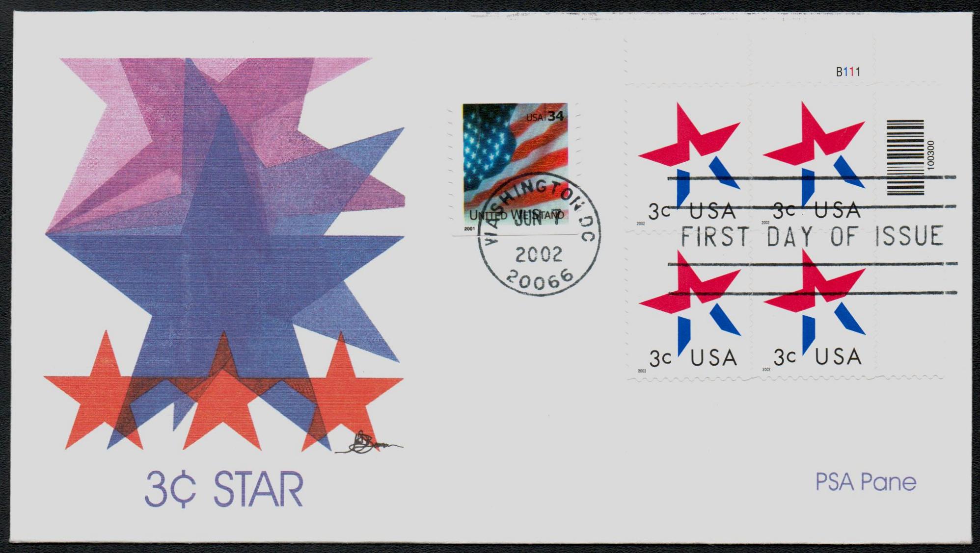 3613 - 2002 3c Star, date on left - Mystic Stamp Company