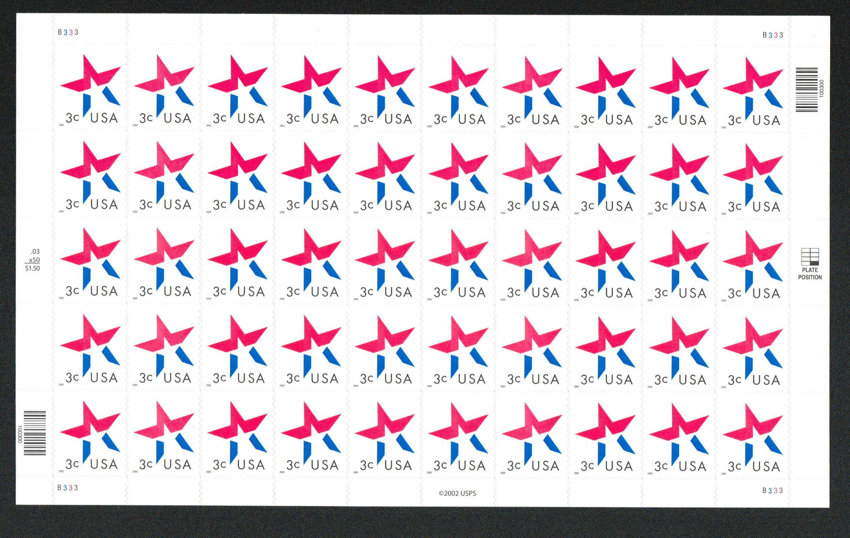 3613 - 2002 3c Star, date on left - Mystic Stamp Company