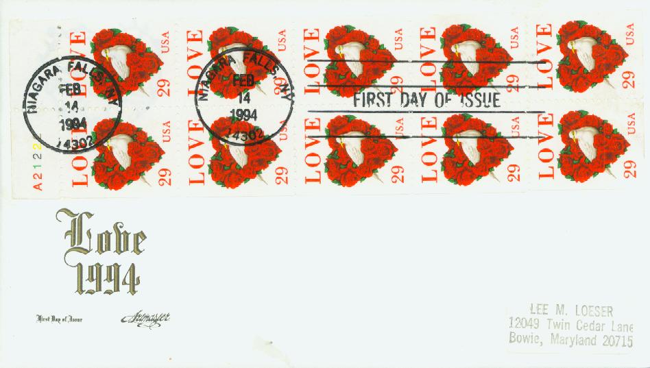 2814a - 1994 29c Dove & Roses Love,bklt pane(10) - Mystic Stamp Company
