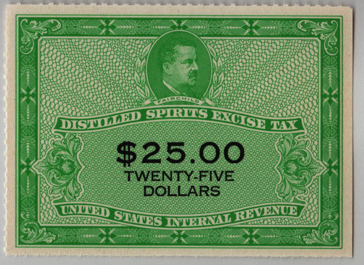 RX36 - 1952 $25.00 Distilled Spirits Excise Tax Stamp - yellow green ...