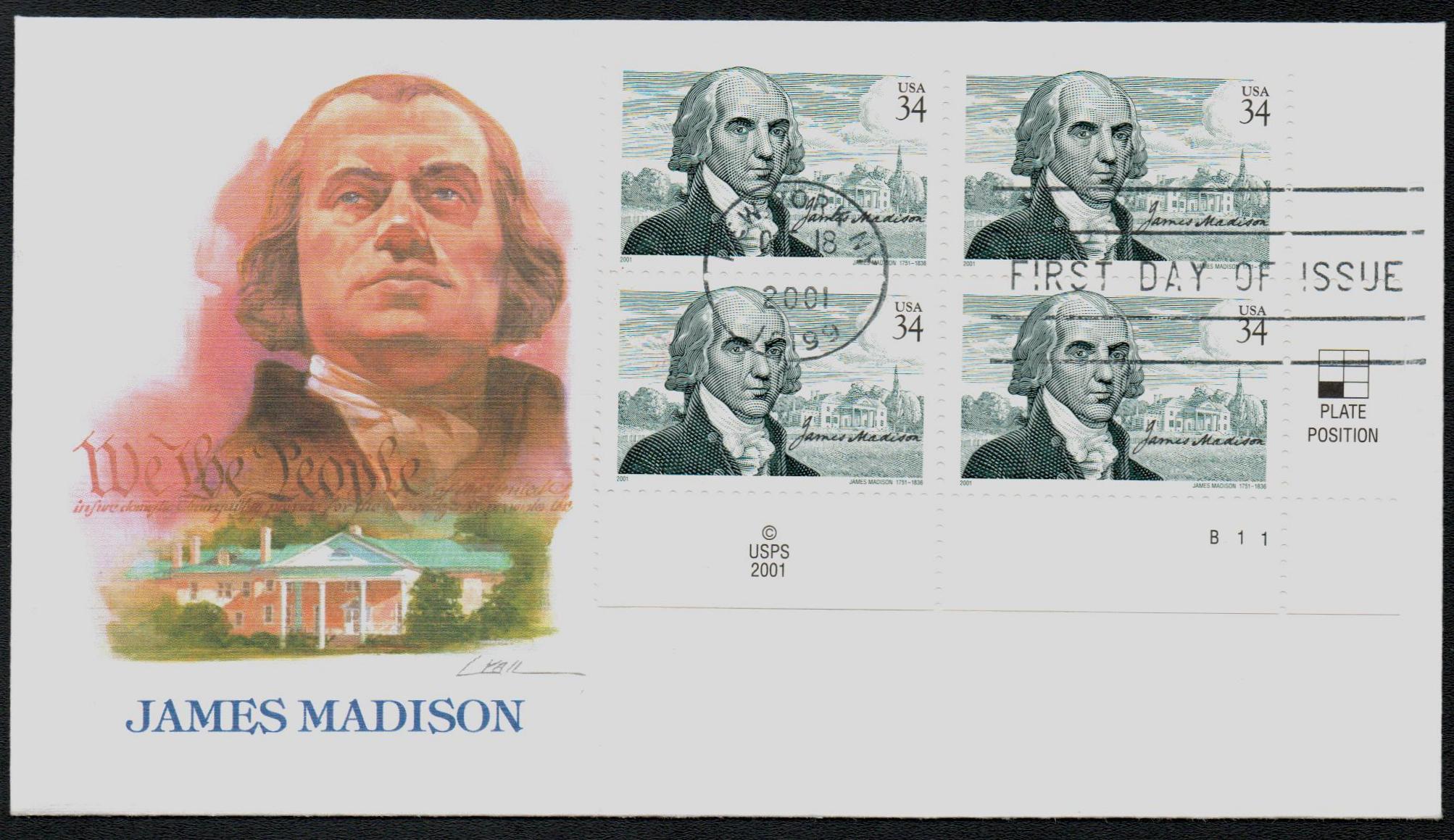 3545 - 2001 34c James Madison - Mystic Stamp Company
