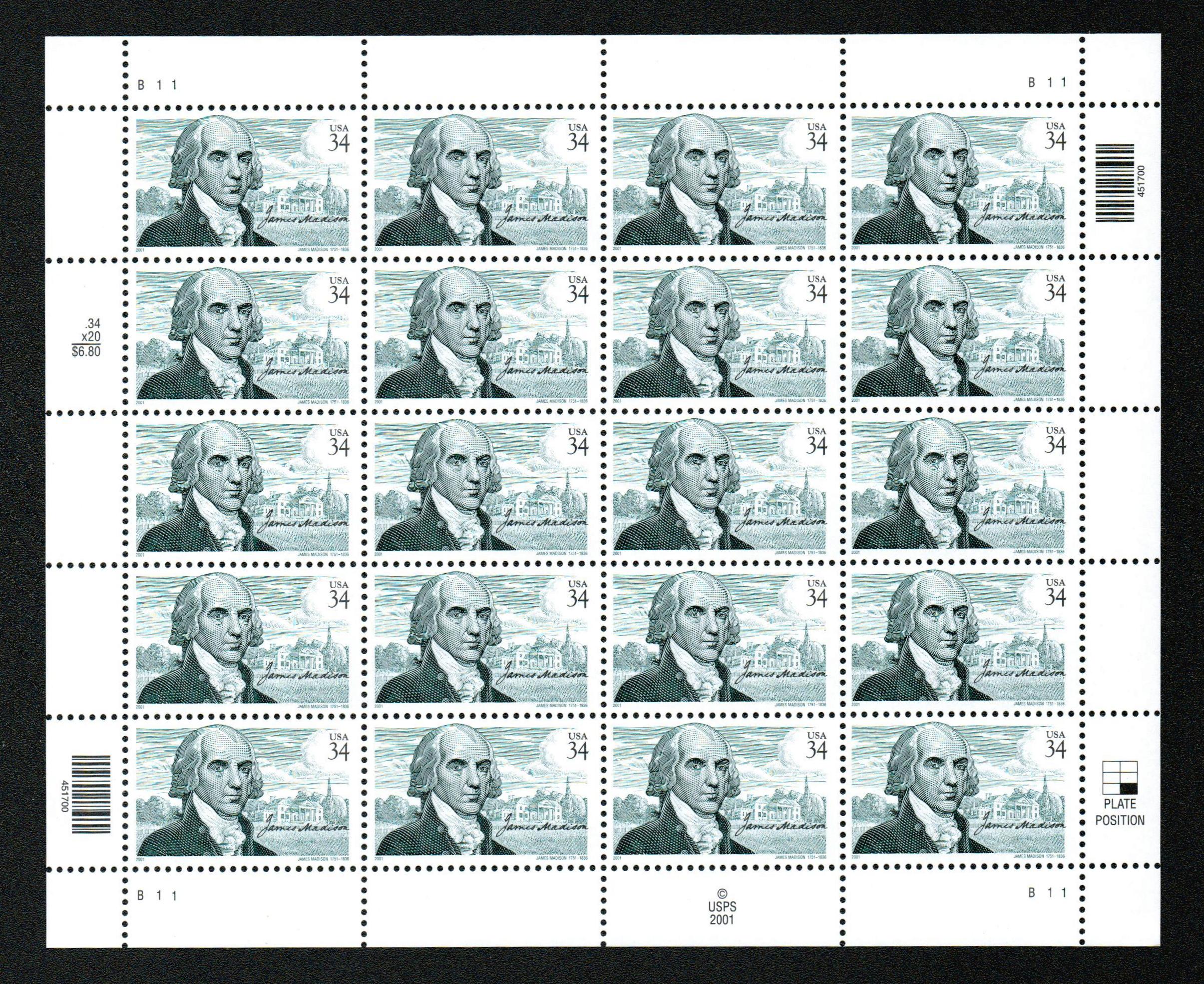 3545 - 2001 34c James Madison - Mystic Stamp Company