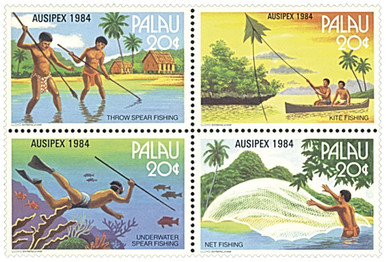 M6415 - 1984 Fishing, Mint, Set of 4 Stamps, Palau - Mystic Stamp Company