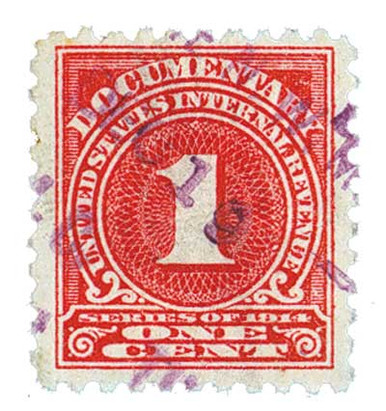 R207 - 1914 1c US Internal Revenue Stamp - offset, watermark, perf 10 ...