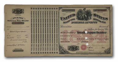 MUS070 - 1884 $25.00 Retail Liquor Dealer, Special Tax Stamp, Cream ...