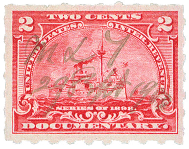 R164p - 1898 2c US Internal Revenue Stamp - hyphen hole, carmine rose ...