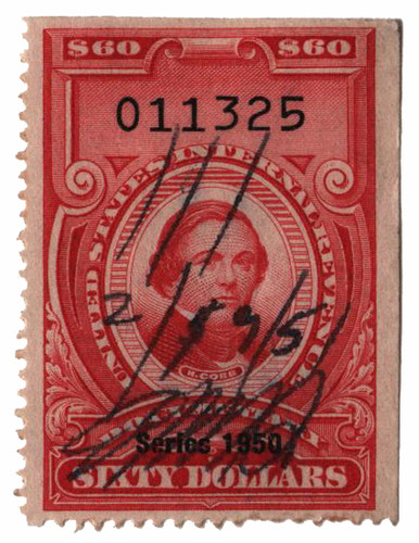 R557 - 1950 $60 US Internal Revenue Stamp - watermark, perf 12, carmine ...