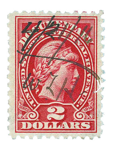 R218 - 1914 $2 US Internal Revenue Stamp - Liberty, engraved, carmine - Mystic Stamp Company