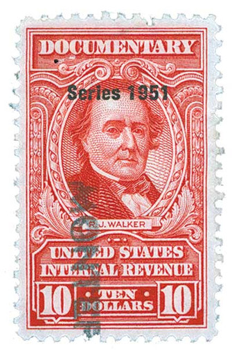 R578 - 1951 $10 US Internal Revenue Stamp - watermark, perf 11, carmine ...