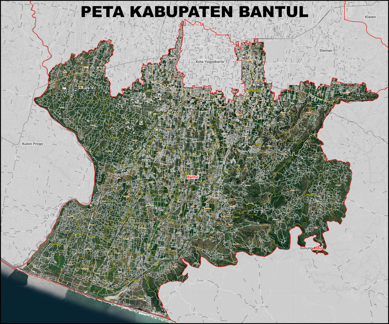 Peta Kabupaten Bantul satelit Kecamatan dan Kelurahan