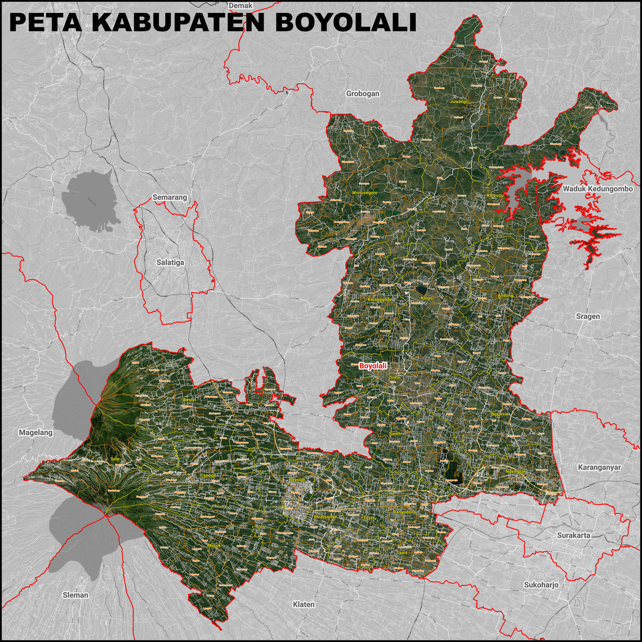 Peta Kabupaten Boyolali satelit Kecamatan dan Kelurahan