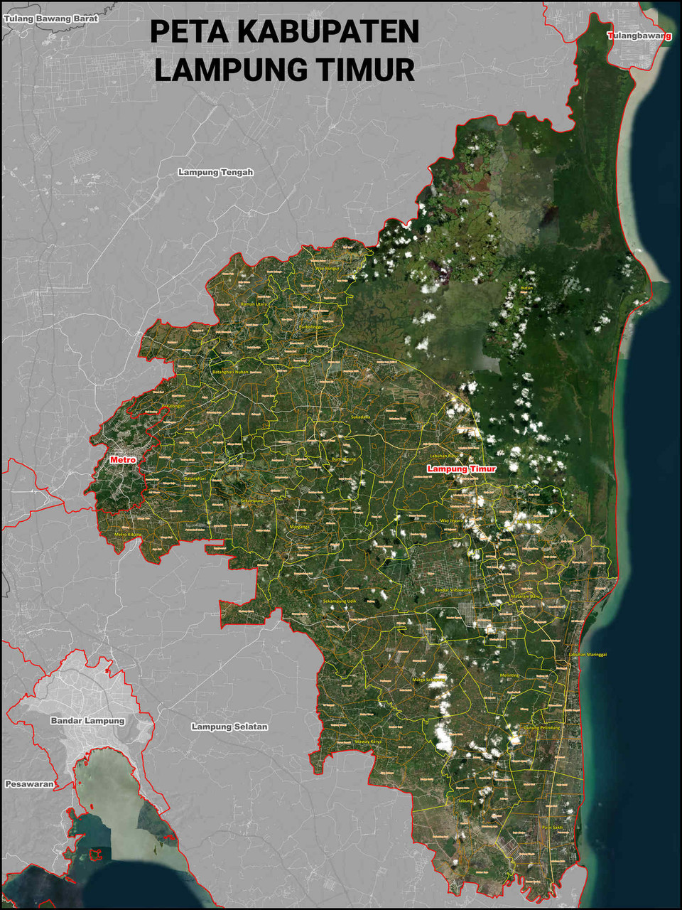 Peta Kabupaten Lampung Timur Satelit Kecamatan Dan Kelurahan