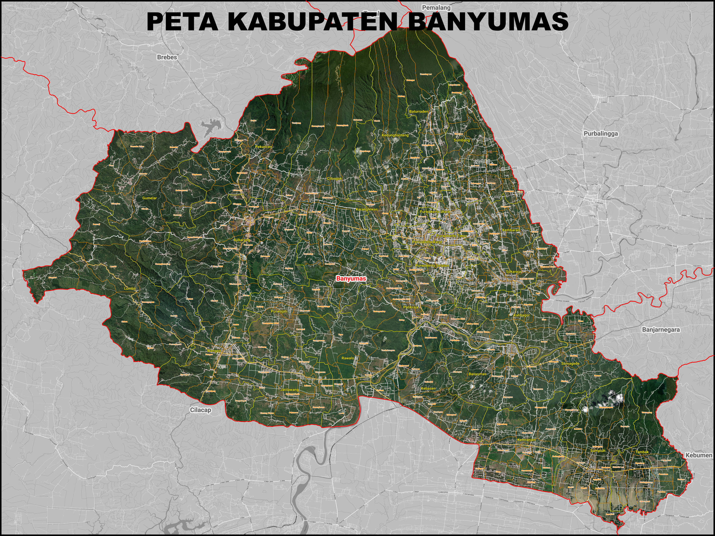 Peta Kabupaten Temanggung satelit Kecamatan dan Kelurahan