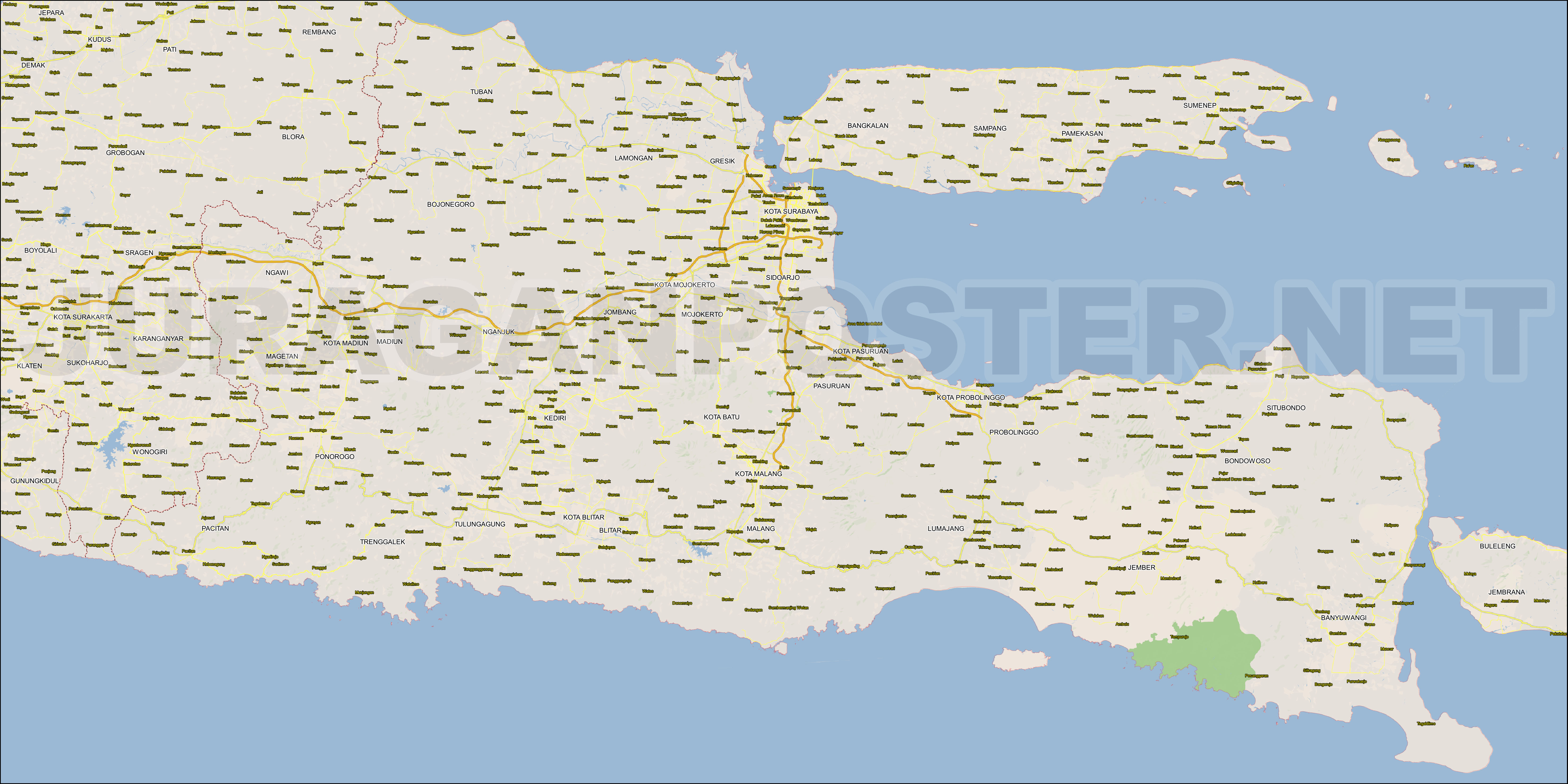 Peta Jawa Timur Lengkap dengan Nama Kota dan Jalan - Juragan Poster