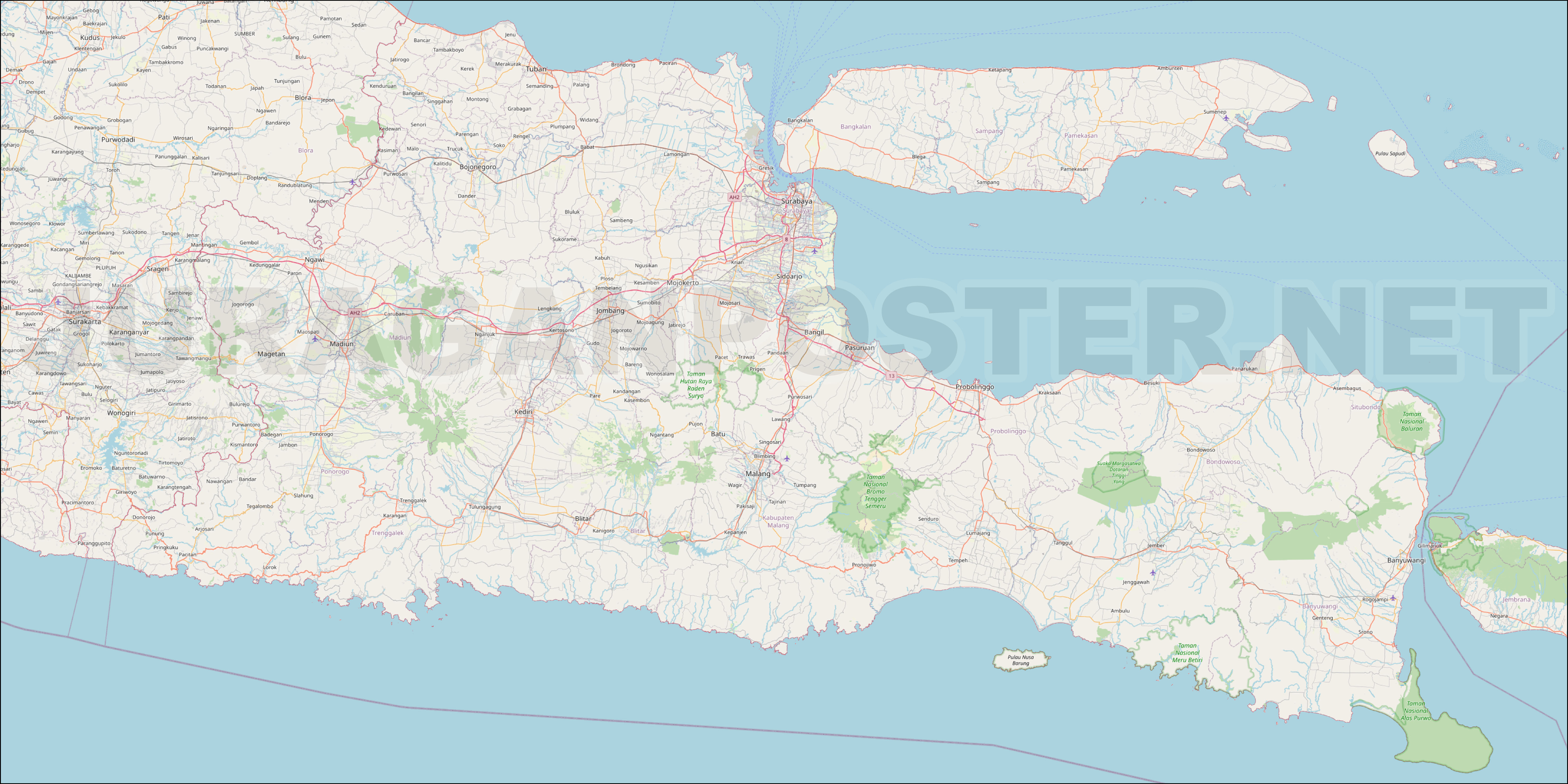 Peta Jawa Timur Lengkap dengan Nama Kota dan Jalan - Juragan Poster
