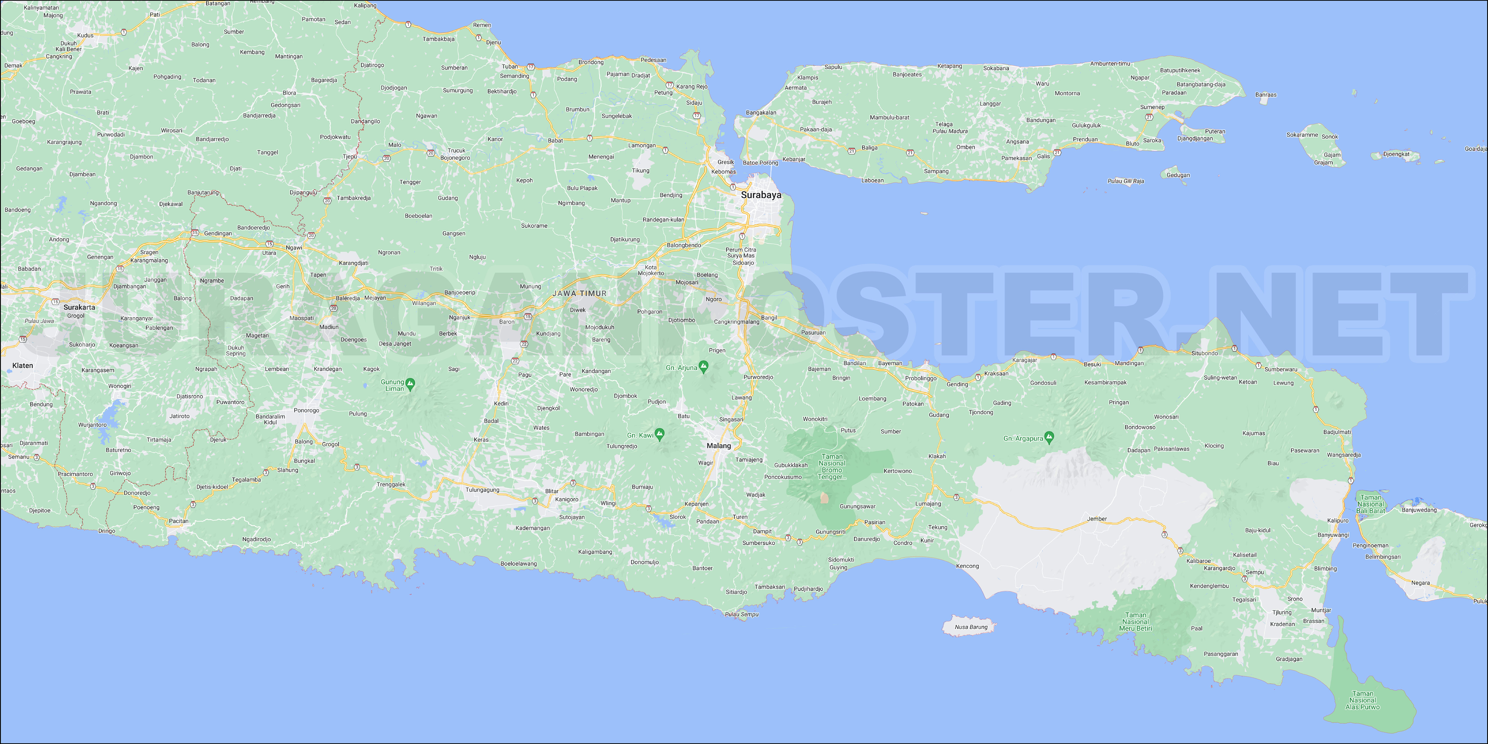 Peta Jawa Timur Lengkap dengan Nama Kota dan Jalan - Juragan Poster
