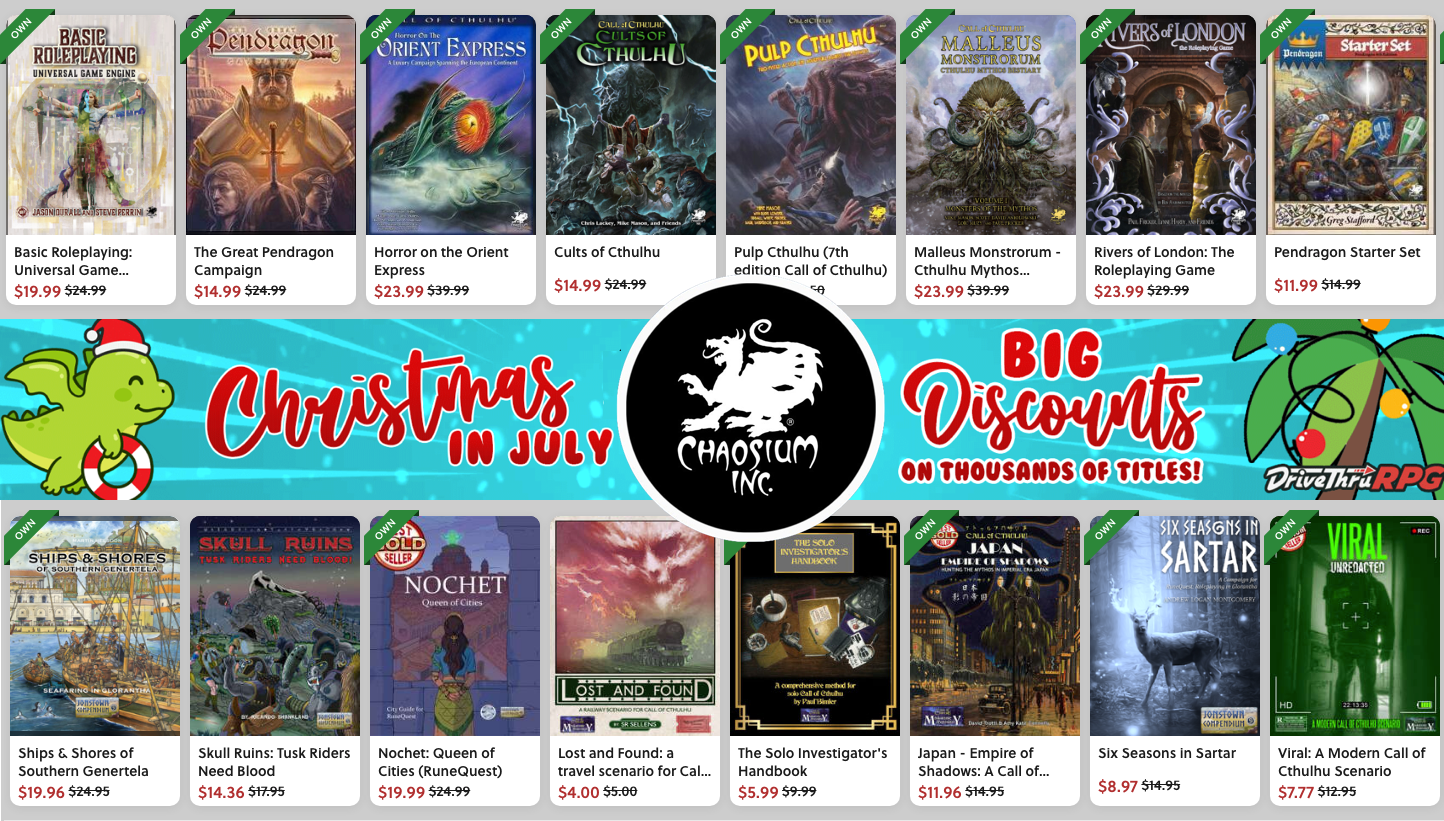 1600 Chaosium titles are up to 40% off in DriveThruRPG's 'Christmas in July' Sale - Chaosium Inc.