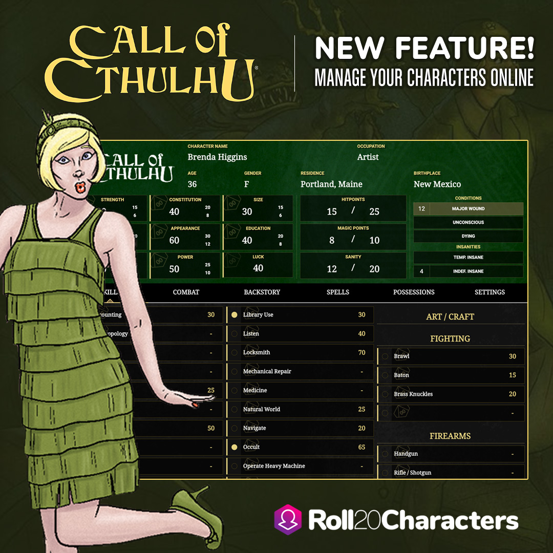 New feature on Roll20: manage your Call of Cthulhu characters online ...