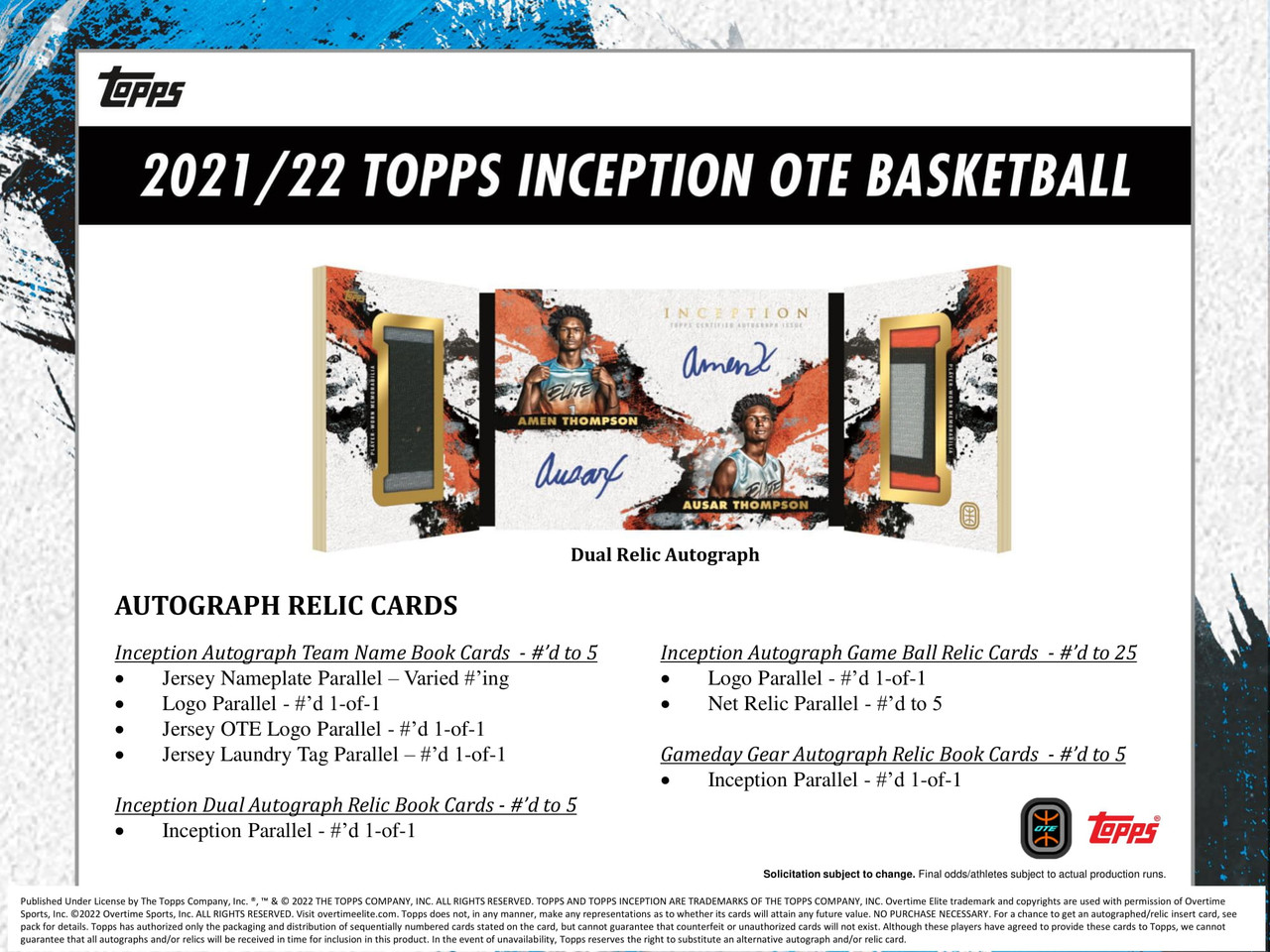 2021/22 Topps Inception Overtime Elite Basketball Hobby Box