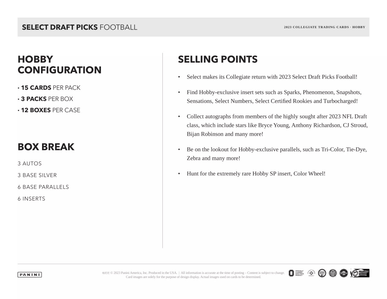 2023 Panini Select Draft Picks Football Hobby 12 Box Case
