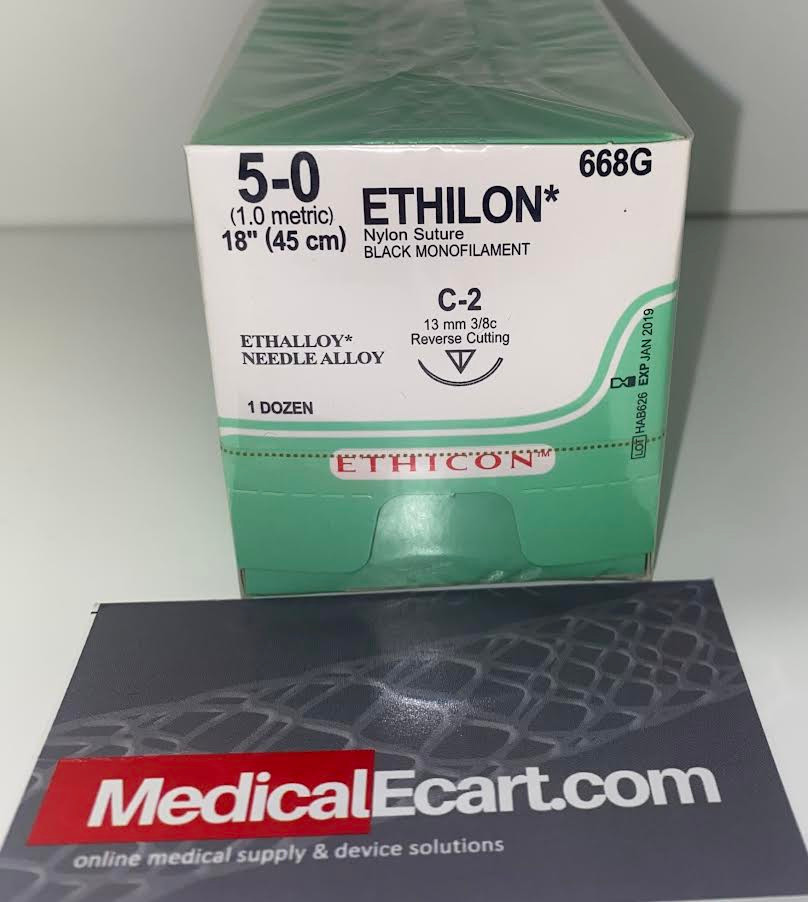 ETHICON Suture, ETHILON, Reverse Cutting, C-3, 18", Size 5-0. MFID: 668G