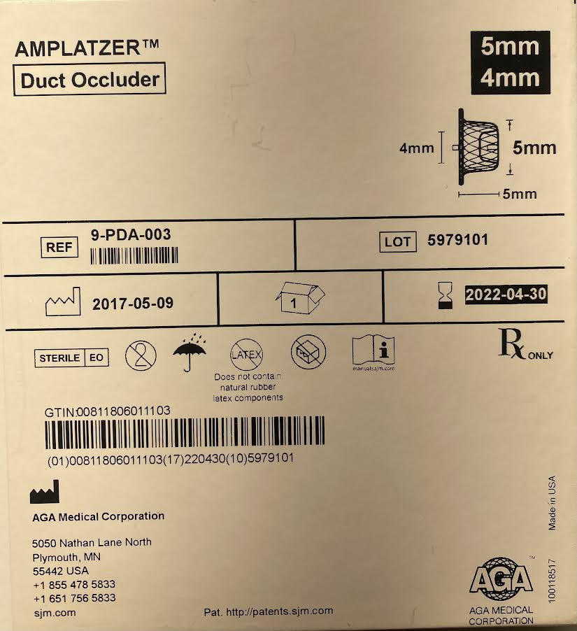 9-PDA-003 Amplatzer Duct Occluder, 5F, 5mm x 4mm x 9mm, 180