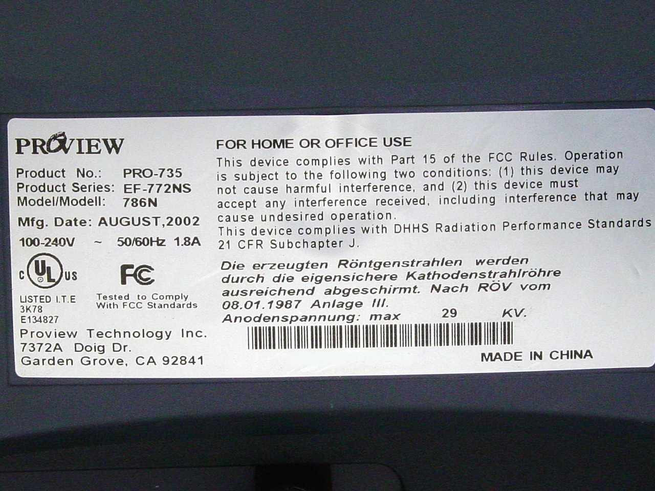 Proview 786N 17" CRT Color Monitor PRO-735 Series EF-772NS