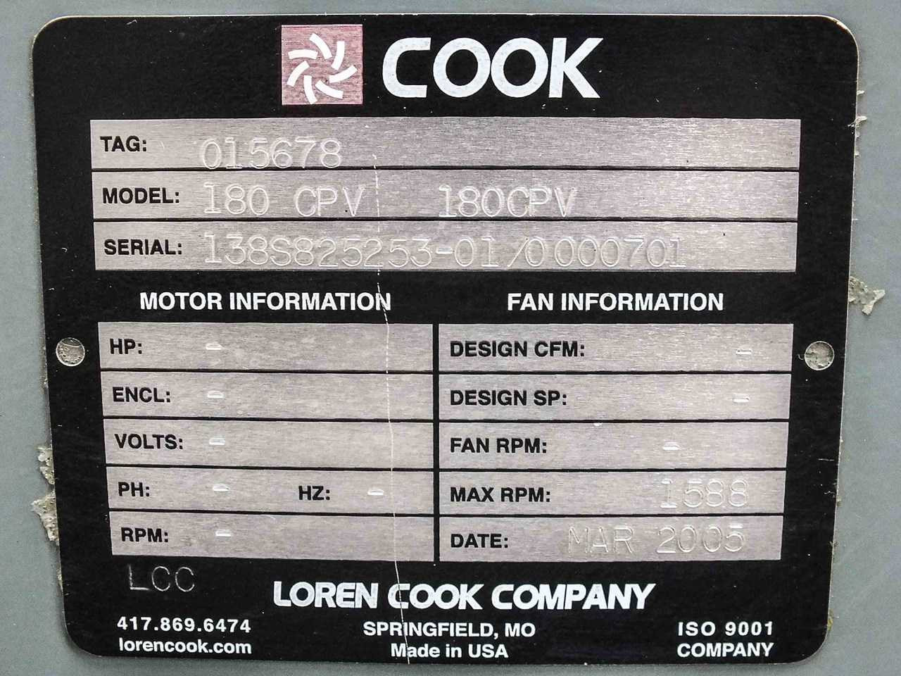 Loren Cook Company 180 CPV Centrifugal Vent Set Blower with Motor