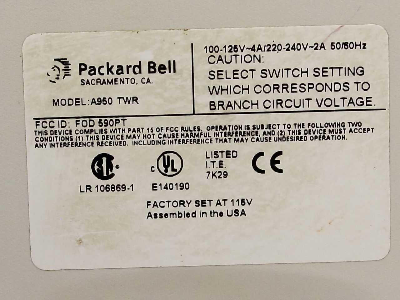 Packard Bell 890481 Pentium 133 Mhz Platinum Pizza Tower Computer