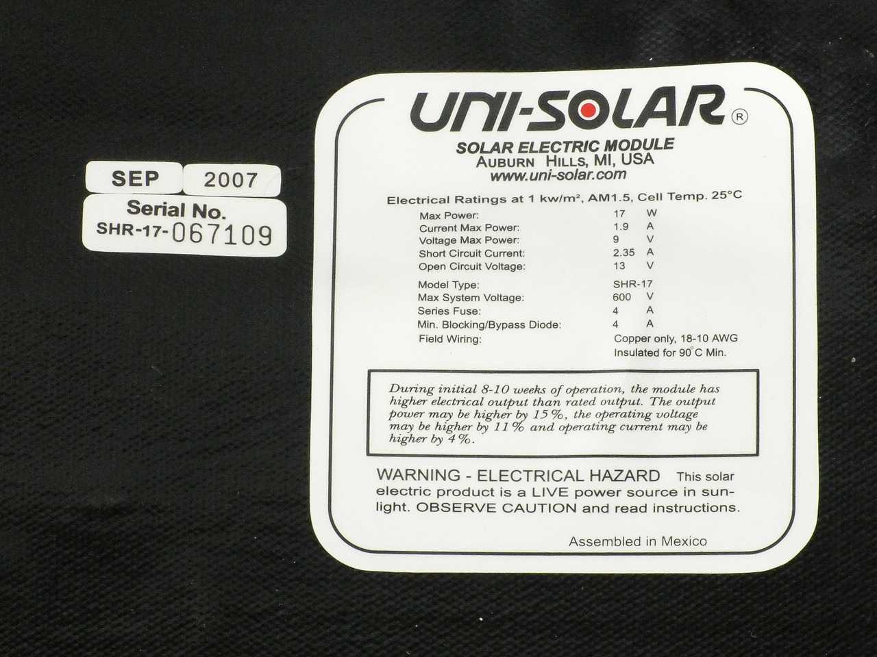 Uni-Solar SHR-17 17 Watt 9 Volt Amorphous Flexible Solar Panel Roofing ...