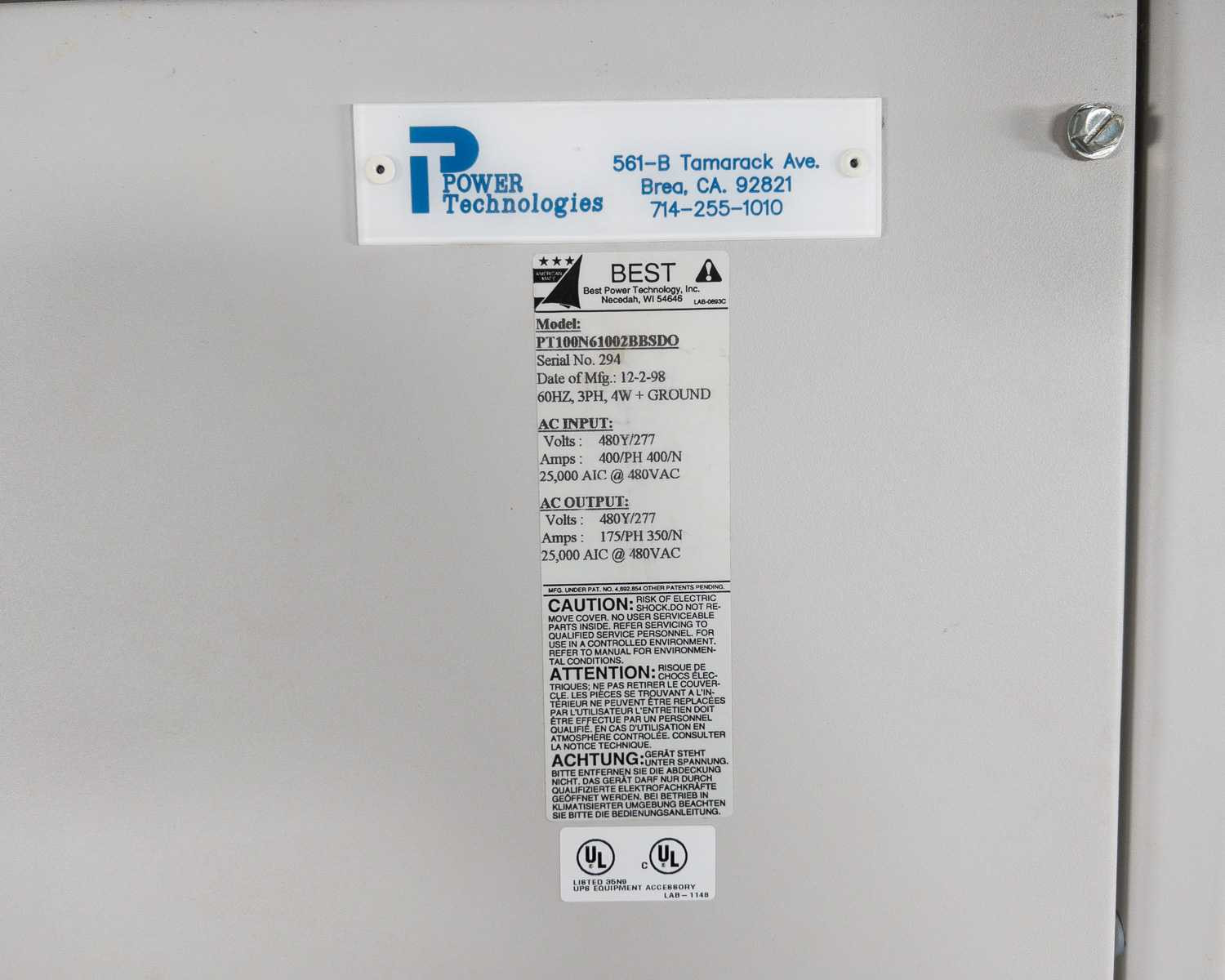 Best Power Technology PT100N61002BBSDO Transfer Switch 480V 3 Phase 400A