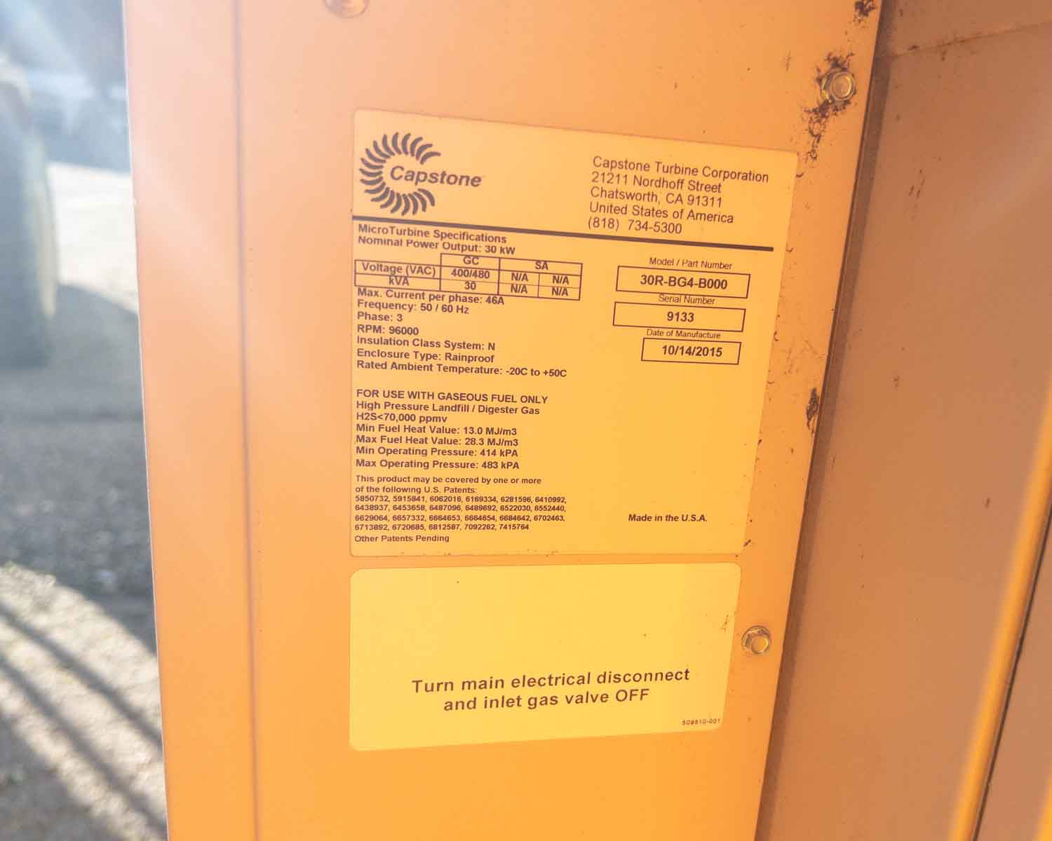 Capstone C30 2015 30KW Gas CHP Microturbine Generator 480V 3p w Dirty ...