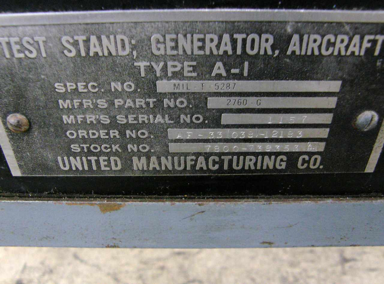 United Manufacturing 2760-G Type A-1 Aircraft Generator Test Stand