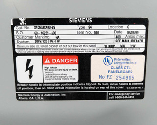Siemens S4C60JX400FBS Panelboard 208Y/120V 3 Phase 4W 400A Type S4 Main Breaker