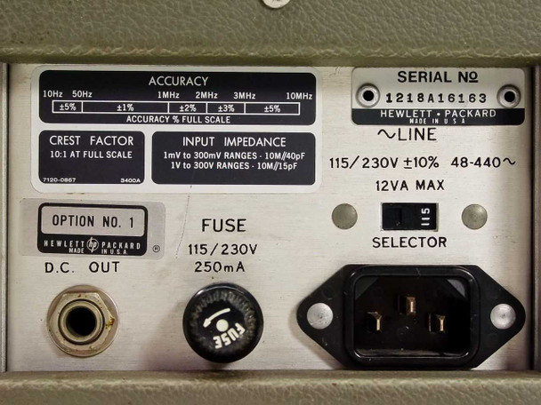 HP 3400A RMS Volt Meter .001 to 300 Volts. (w/opt 1)
