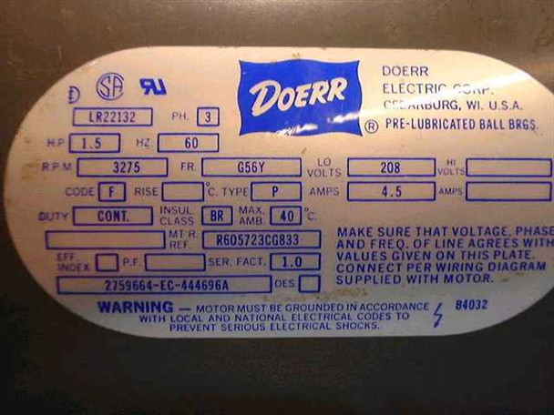 Doerr Type P 1.5 HP 3275 RPM Electric Motor w/Brake