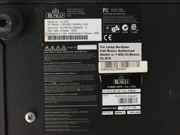 Runco CL-810 Ultra Projector Reflection - No Remote or Video Controller ...
