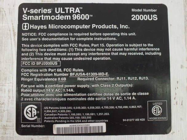 Hayes 2000US V-Series ULTRA 96 Desktop Smartmodem 9600 with Power Supply
