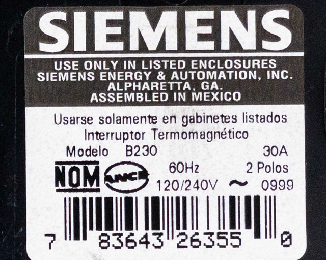 Siemens B230 Miniature Circuit Breaker 30 Amps, 120/240 Volt AC, 2 Poles