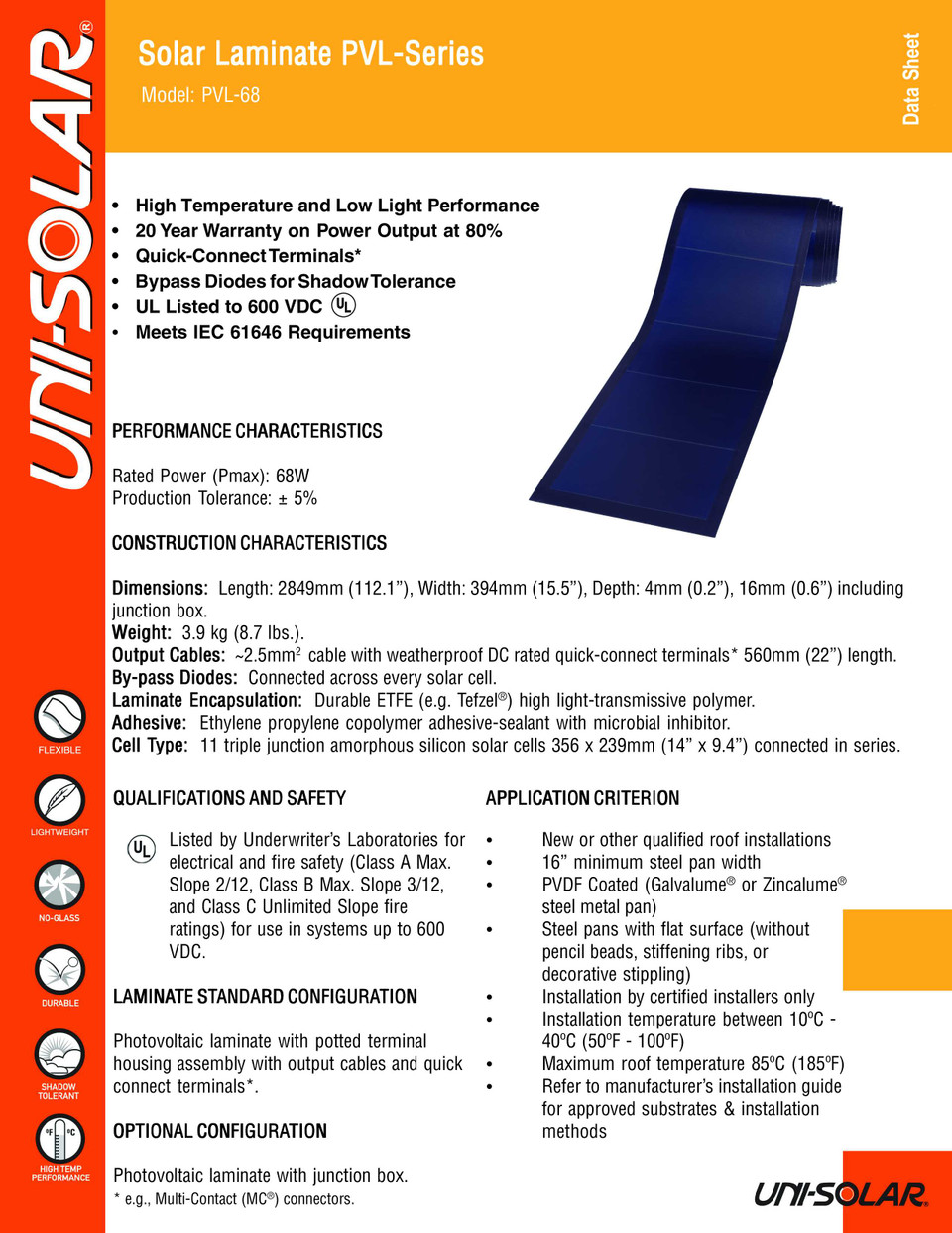 Uni-Solar PVL-68 68W 12V Flexible Amorphous Solar Panel - Solder Points ...