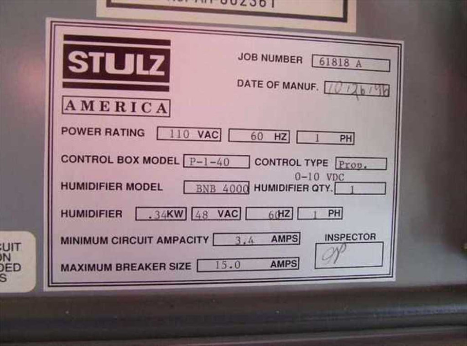 Stulz BNB 4000 Air Handling Unit Ultrasonic Humidifier