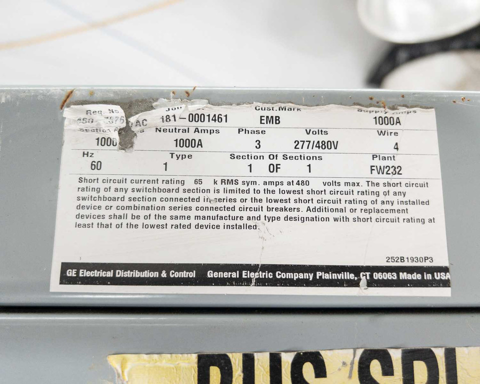 General Electric 480-z6767ac Spectra Series Switchboard 480V 1000A 3 ...