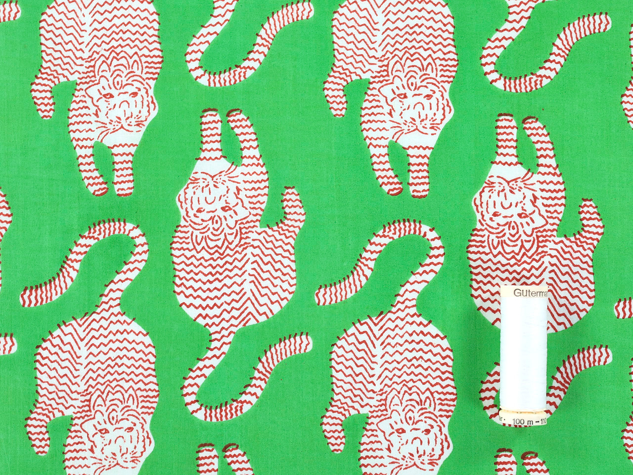 Dressmaking Fabric | Prowling Tiger Hand Block Print Cotton - Green ...