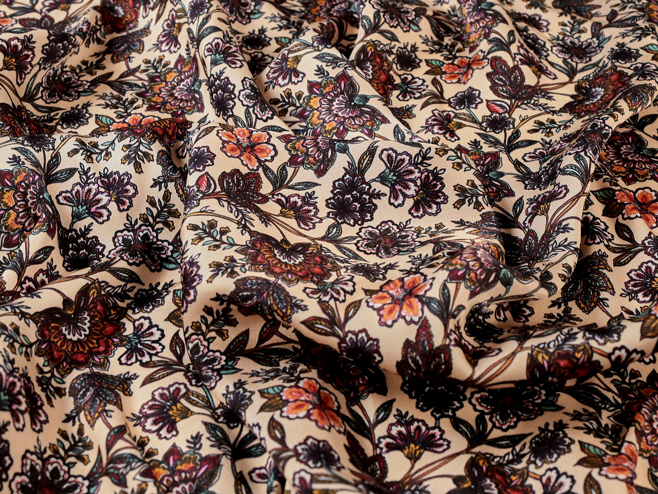 Dressmaking Fabric | Kyle Floral Viscose Satin - Natural | Fabric Godmother