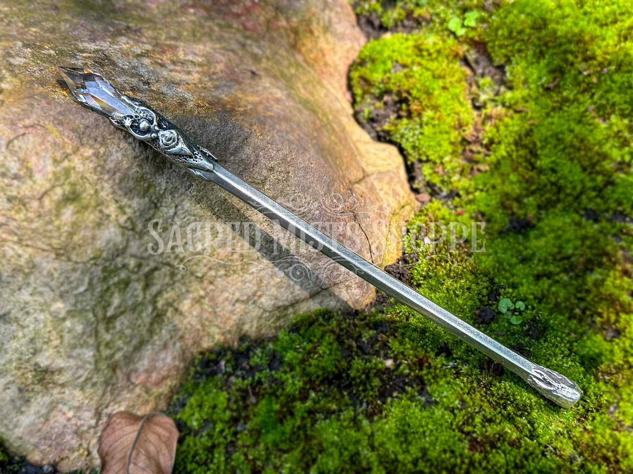 Spiral Goddess Pewter & Silver Wand with Moon and Austrian Crystal Tip ...