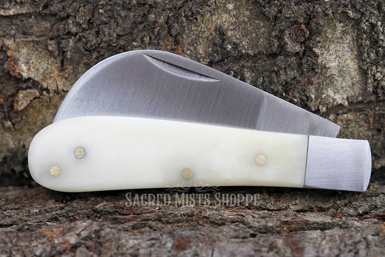Curved Folding Boline Ritual Knife with Natural Bone Handle | Sacred ...
