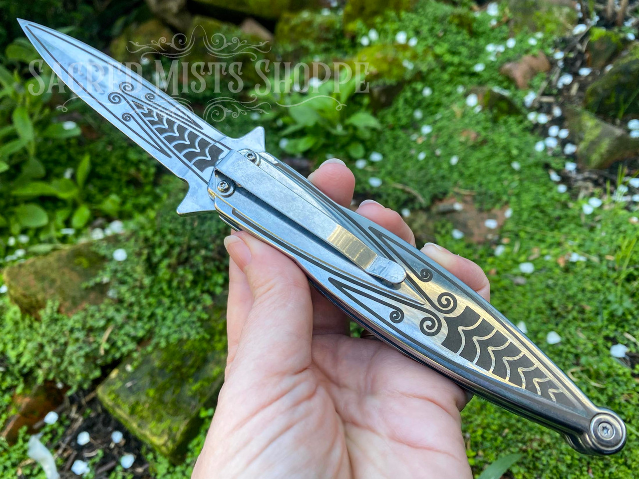 Moonlit Athame with Ornate Scrollwork Folding Ritual Athame Stainless ...
